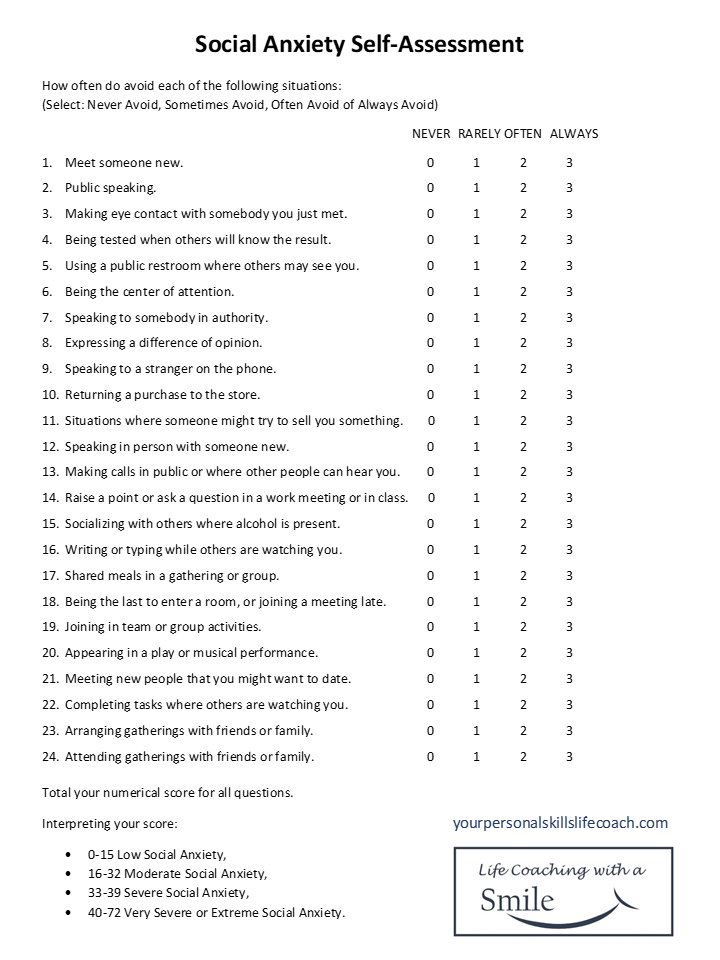 Social Anxiety Self Assessment Life Coaching With A Smile